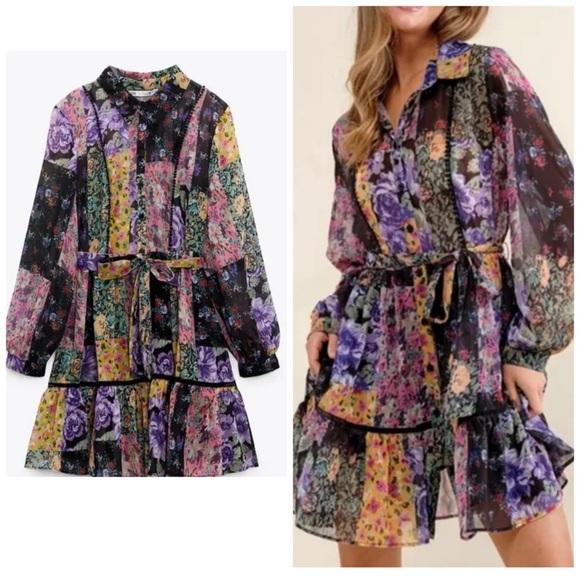 Zara | Dresses | Zara Boho Patchwork Floral Print Button Down Ruffle ...